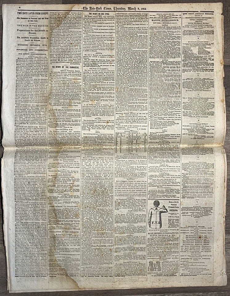 1864 New-York Times Newspaper March 3 Civil War Era Original Antique | eBay