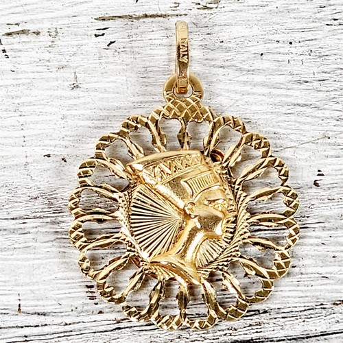 Vintage 14K Yellow Gold Nefertiti Fortuna Charm Pendant Engine Turned ...