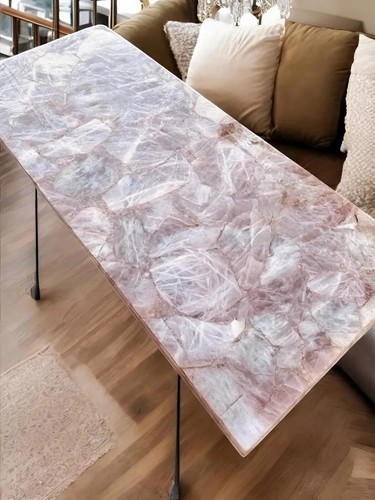 36"x24" Handcrafted Rose Quartz Dining Table Elegant Crystal Slab Table ...