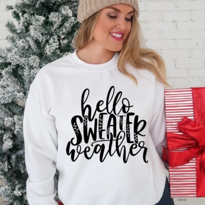 HELLO SWEATER WEATHER WINTER GILDAN SWEATSHIRT ~ MSG W/COLOR & SIZE | eBay