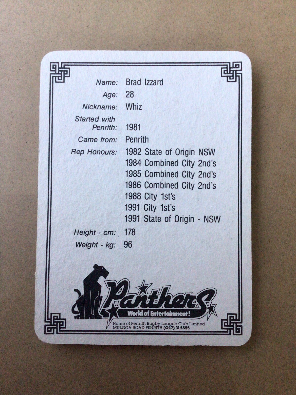 1991 Penrith Panthers NRL Leagues Club Beer Coaster Brad Izzard Rugby ...