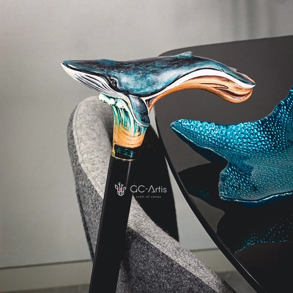 Blue Whale Wooden Walking cane stick Hand Crafted Handle Black Shaft ...
