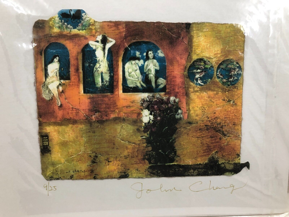 John Cheng matted print collage, signed, #9/25, Women in Bathhouse, Koi ...