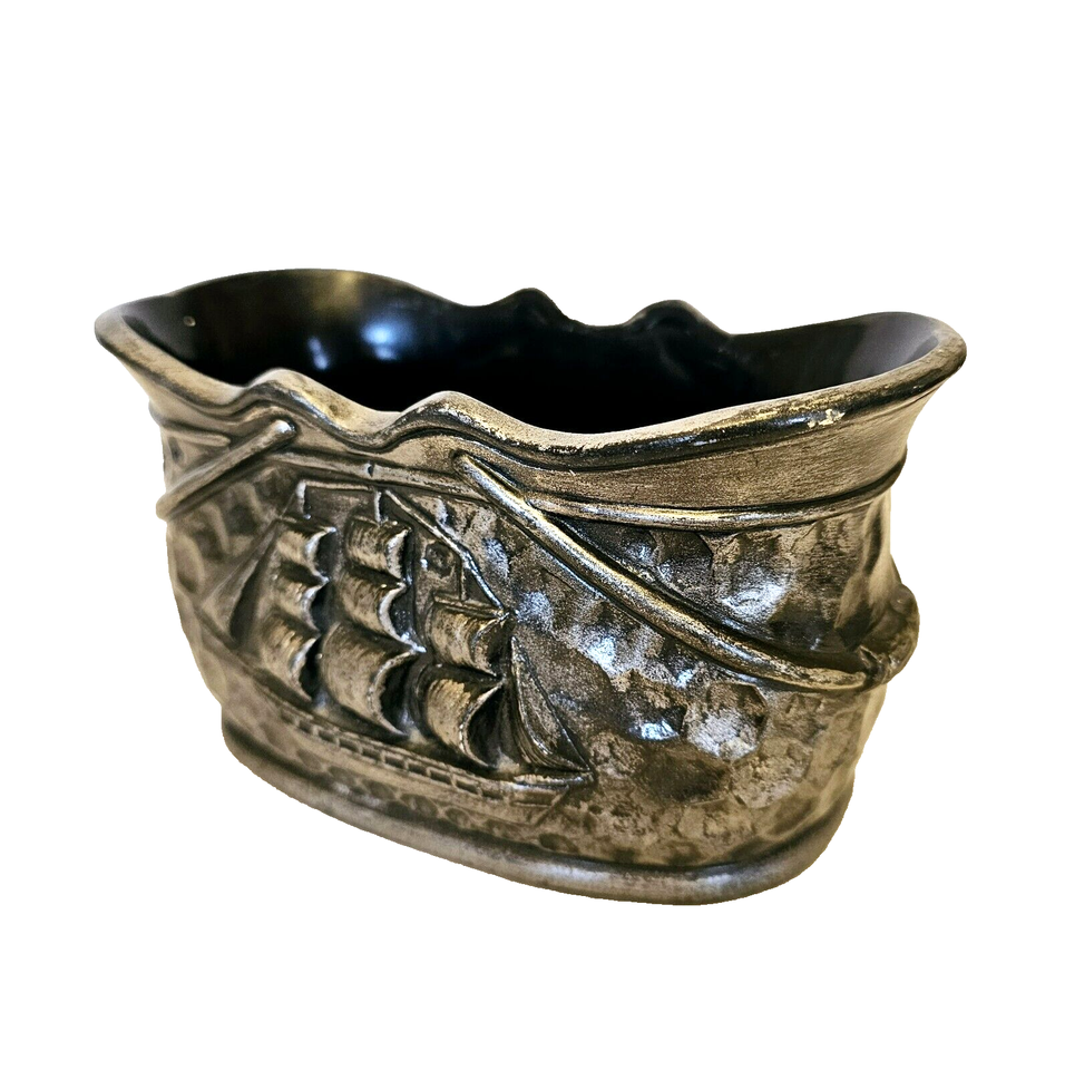 Vintage Planter Ceramic Pewter Color w/ Embossed Sailing Ship MCM 7" x ...