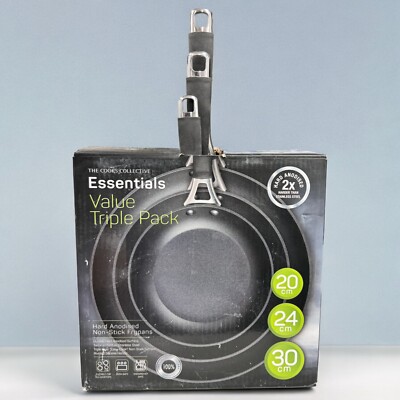 The Cooks Collective Triple Frypan Pack with Silicone Handles in Black ...