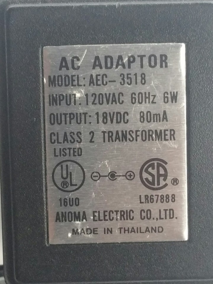 AC Wall to 18V DC Adaptor (Power Cord) AEC-3518 (80mA) | eBay