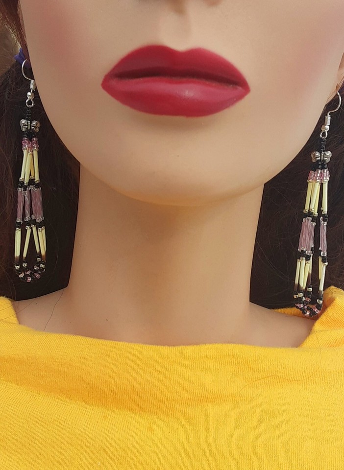 Pretty In Pink Dangle Native American Porcupine Quill,Beaded Earrings # ...