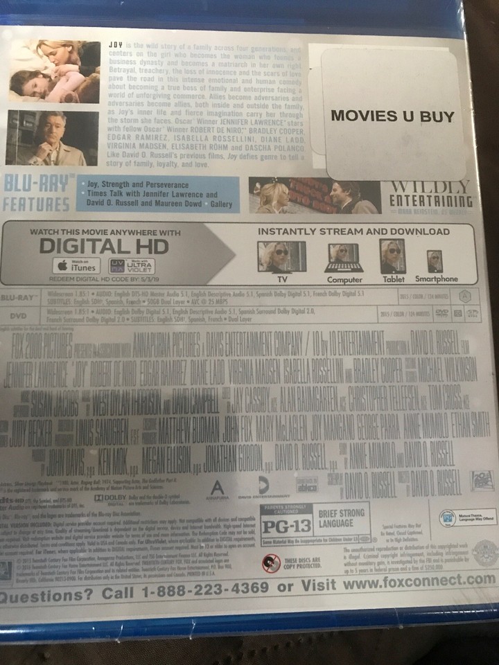 Joy (Blu Ray + DVD) Jennifer Lawrence Robert DeNiro Bradley Cooper NEW ...