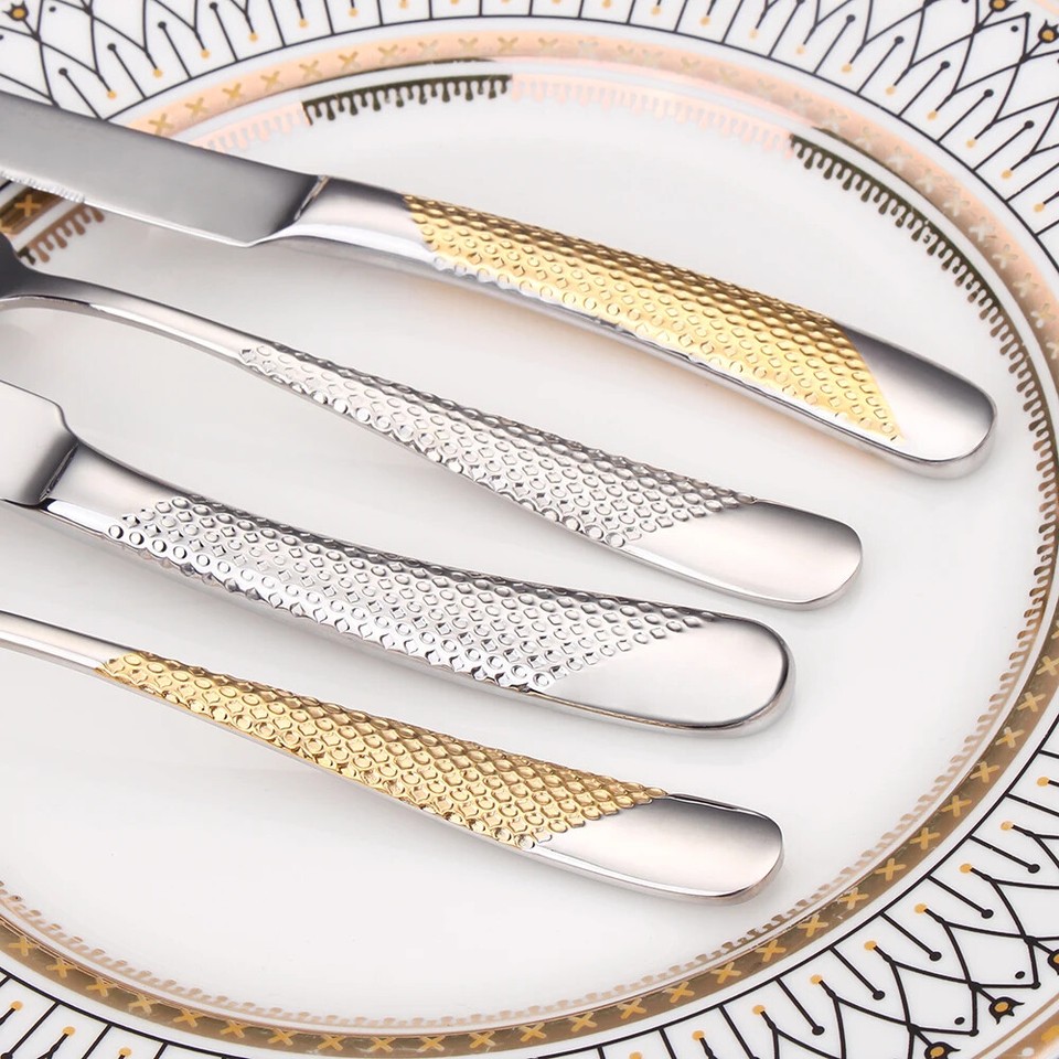 Luxury Gold Plated Flatware Set Silverware Hammered Handle, Cutlery ...