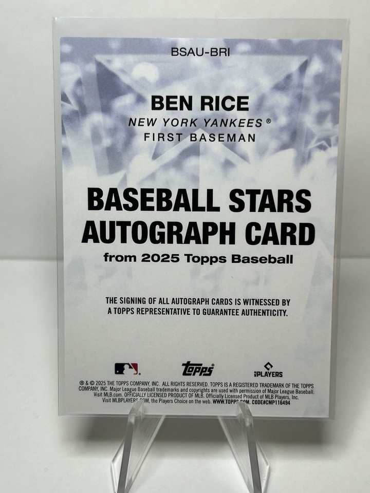 Ben Rice RC Autograph 2025 Topps Update Series #BSAU-BRI New York ...