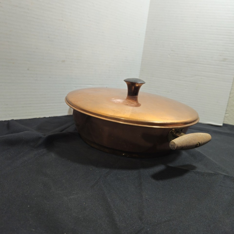Copper Cooking Stew Stock Pot 2 Handle Pot & Lid w Wood Handles Made In ...