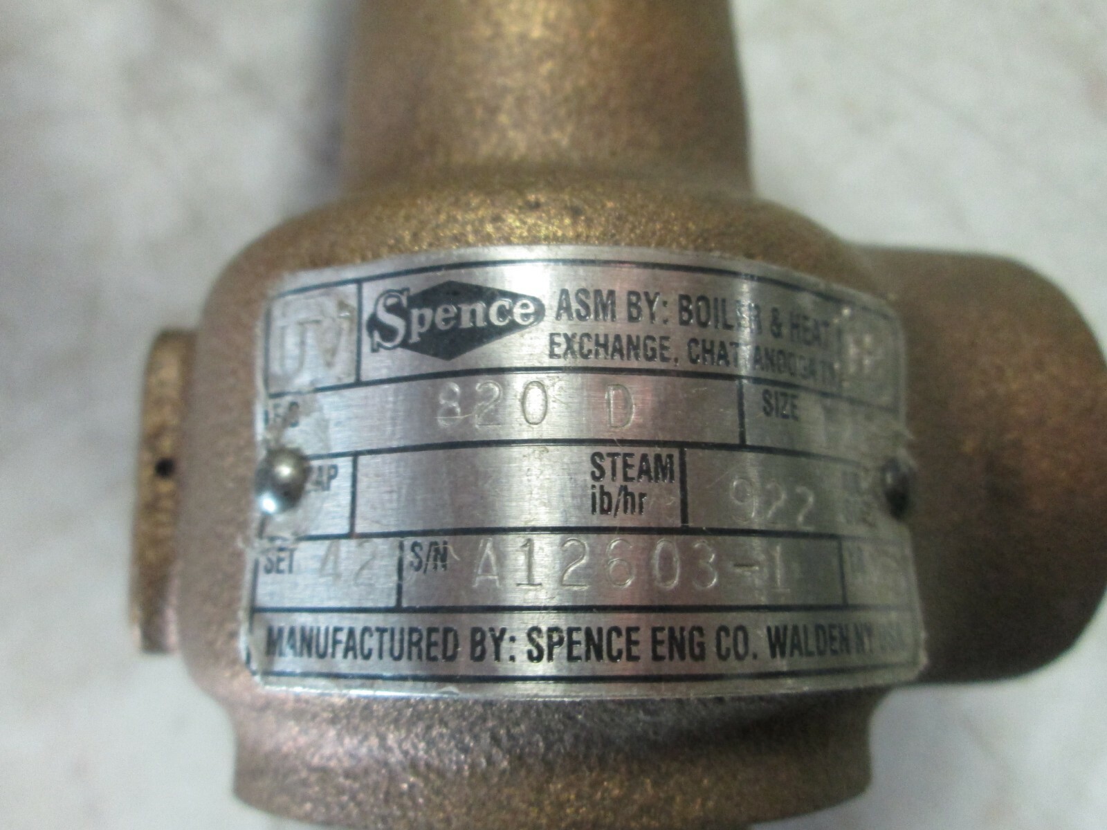 Spence Pressure Safety Valve Fig 820 D 1/2" MNPT In 1" FNPT Out Set 425 ...