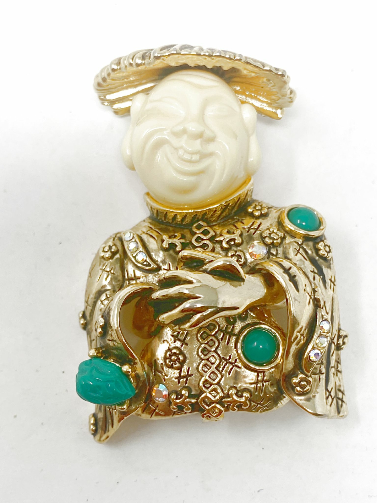 Vintage Smiling Chinaman Laughing Buddha Brooch Pin - Gem