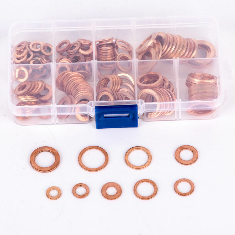200x Solid Copper Washer 9 Sizes Flat Ring Sump Plug Oil Seal Assorted ...