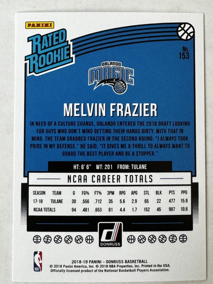 2018-19 Donruss Melvin Frazier RC #153 Tulane Green Wave - Orlando ...