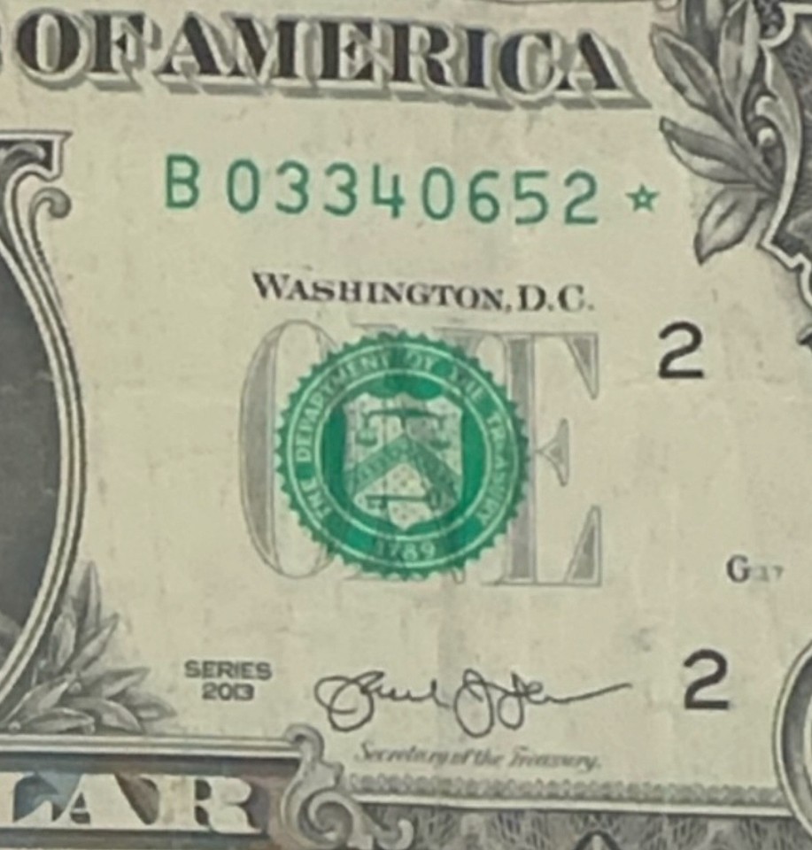 2013 ONE $1 Dollar Star Note B03340652 ☆ Duplicate Serial Number, FANCY ...