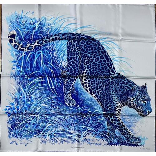 Hermes Scarf PANTHERA PARDUS 90 cm silk blue Leopard animal Carre 35 ...