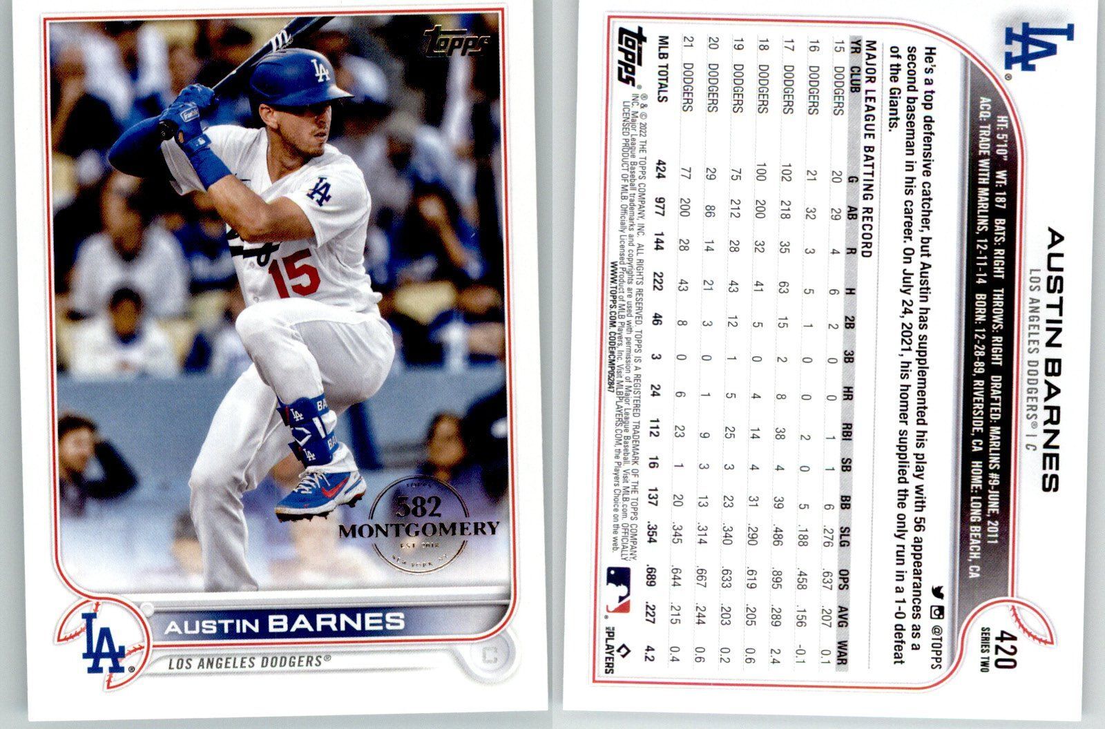 Austin Barnes 2022 Topps 582 Montgomery Stamped Set #420 Dodgers | eBay