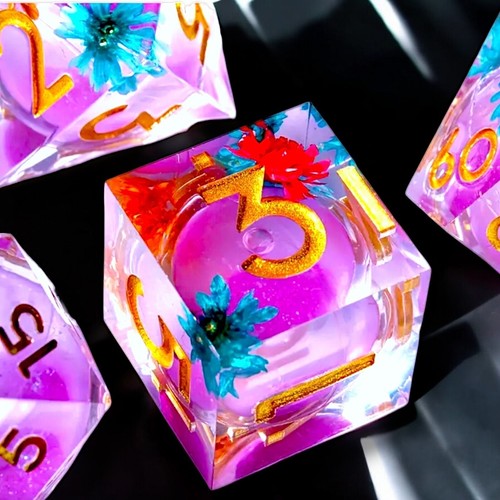 Druid Floral Purple Liquid Core 7pc DnD Dice Set Sharp Real Flowers ...