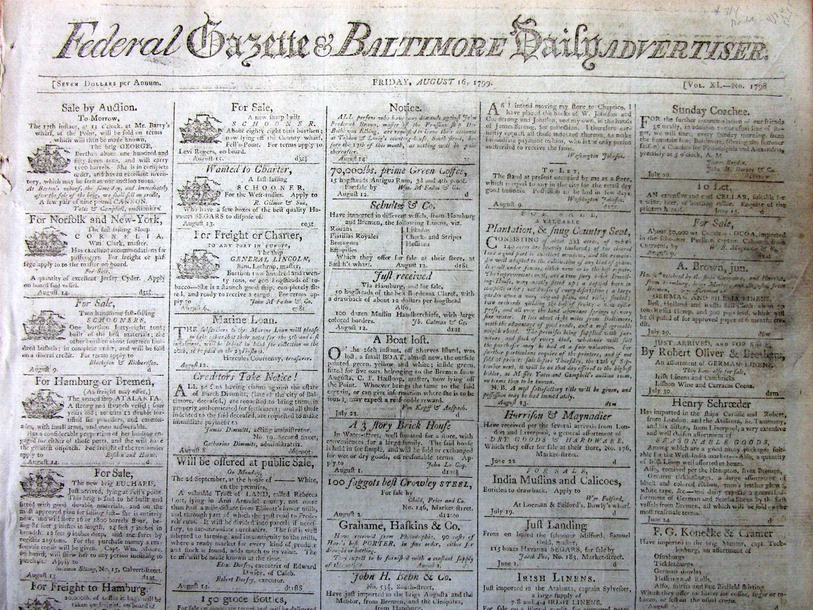 Rare 1799 BALTIMORE MARYLAND newspaper with named RUNAWAY SLAVE ADs ...