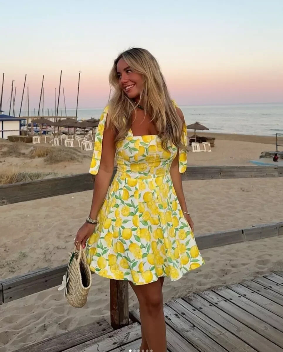 NWT ZARA Lemon Printed Linen Blend Dress w/ Bow Straps 0387/087 Sz XS ...