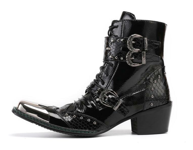 Men's Fashion Punk Rock Square Toe Buckle Strap Lace Up Leather Ankle ...