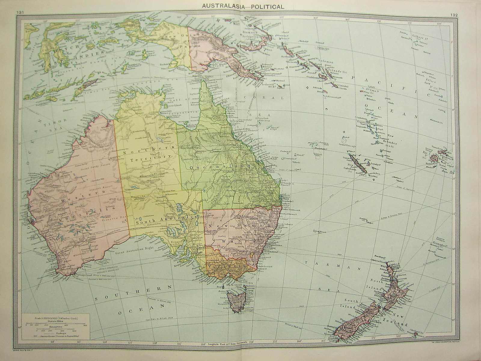 1920 LARGE MAP ~ AUSTRALASIA POLITICAL NEW ZEALAND NEW GUINEA AUSTRALIA ...