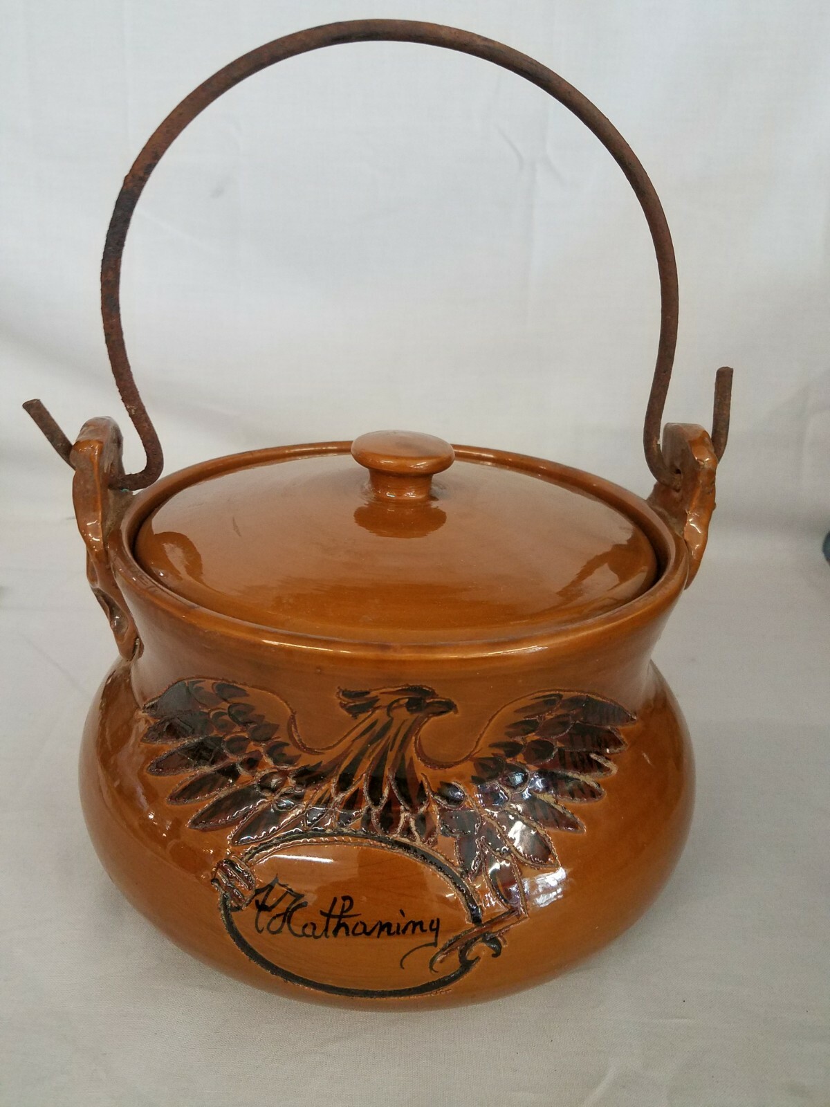 Glazed Pottery Bean Pot with Metal Handle | eBay