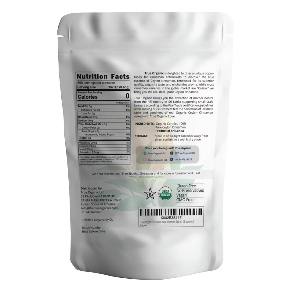 True Organic Pure Ceylon Cinnamon Powder, 1 lb, Premium Grade, Gluten ...