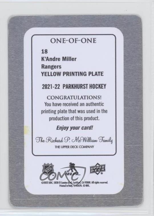 2021-22 Upper Deck Parkhurst Printing Plate Yellow 1/1 K'Andre Miller ...