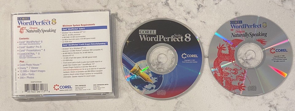 Corel WordPerfect Suite 8 With dragon Naturally Speaking and Manuals ...