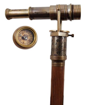 Vintage Brass Telescope Top Wood Walking Stick Cane Compass Antique ...