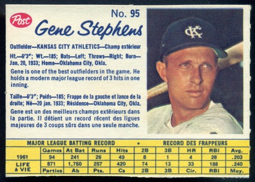 1962 POST CANADIAN BASEBALL #95 GENE STEPHENS EX-NM Kansas City ...