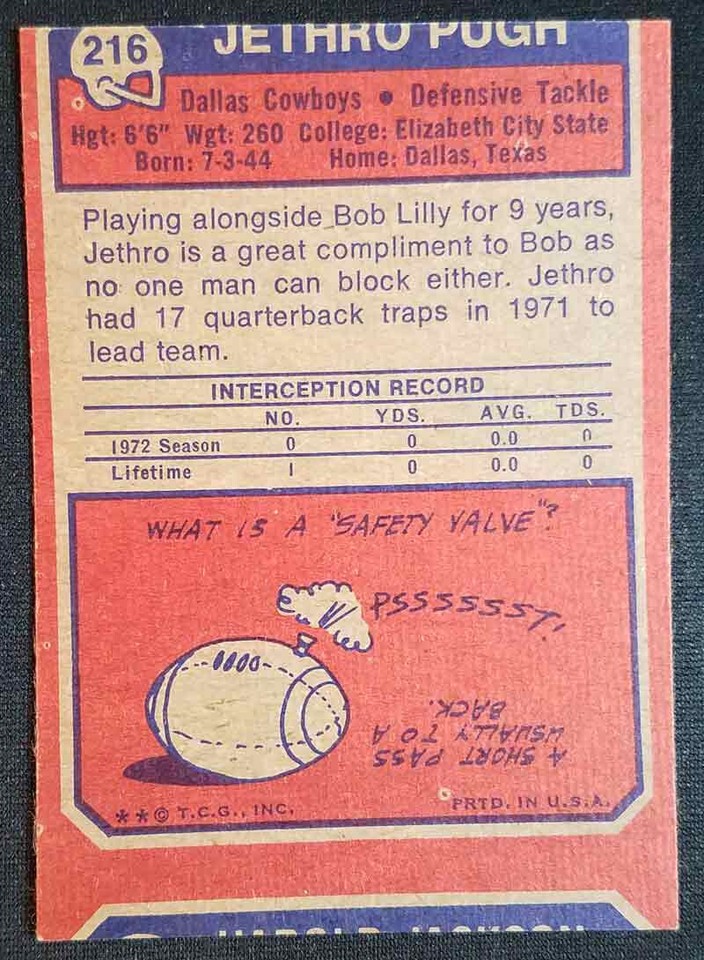 1973 Topps #216 Jethro Pugh Rookie RC Dallas Cowboys EX-MINT (miscut ...