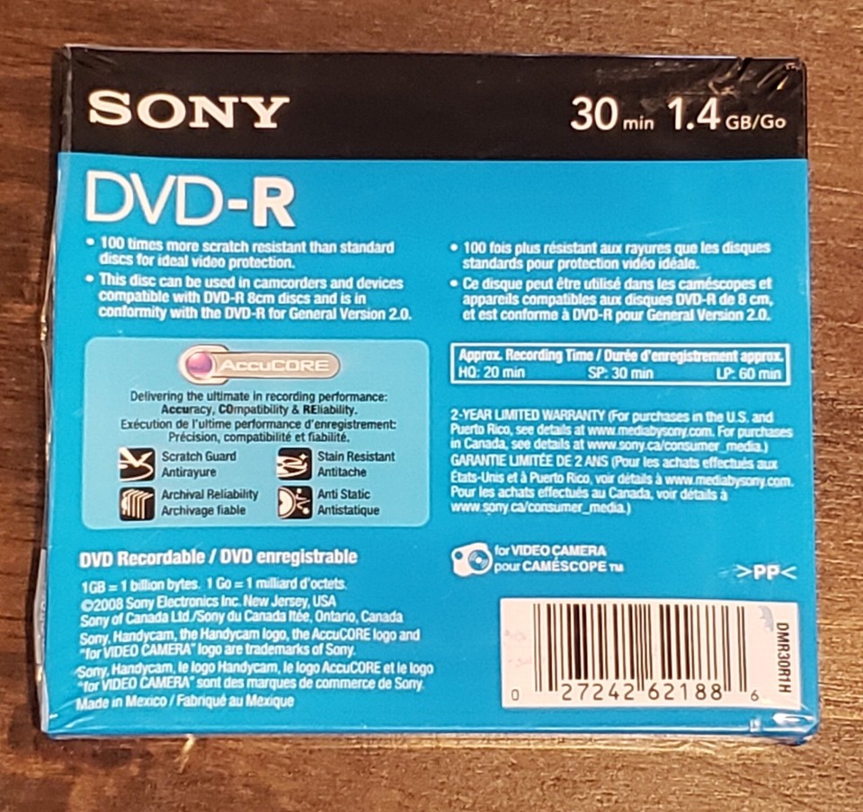 1 Pack Sony Handycam DVD-R 30 min 1.4GB Single-Sided DMR30R1H New ...