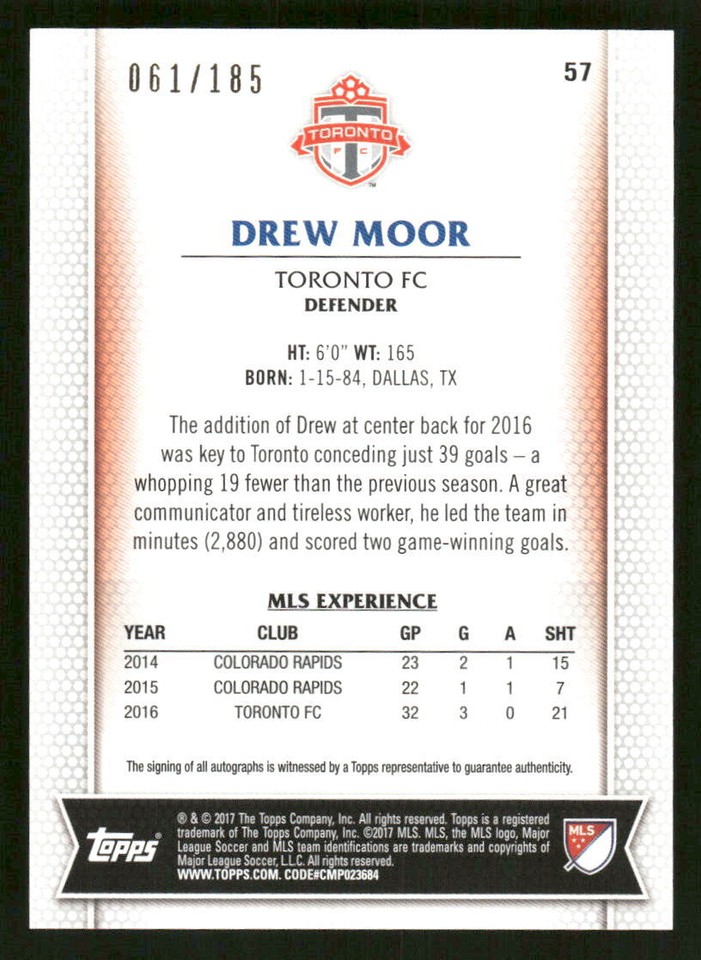 2017 Topps MLS Drew Moor Auto Autographs AU,SN #57 Card #/185 | eBay