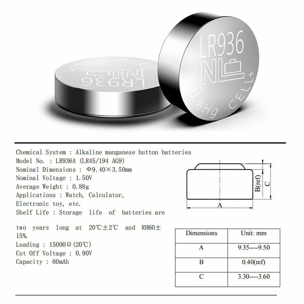 20x AG9 SR936SW LR45 SR45 SR936 394A 394 Alkaline Button Watch ...