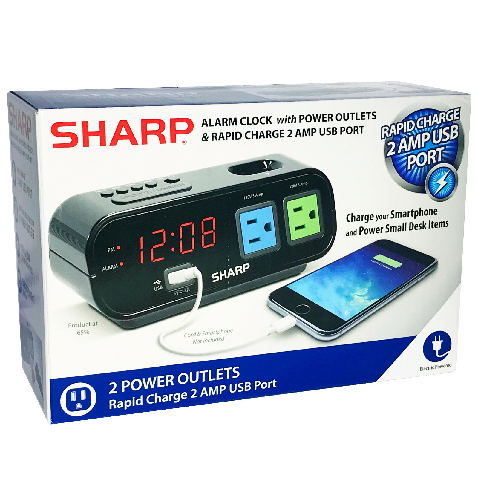 Sharp Alarm Clock With 1 Rapid Charge USB & 2 AC Power Outlets Spc137 ...