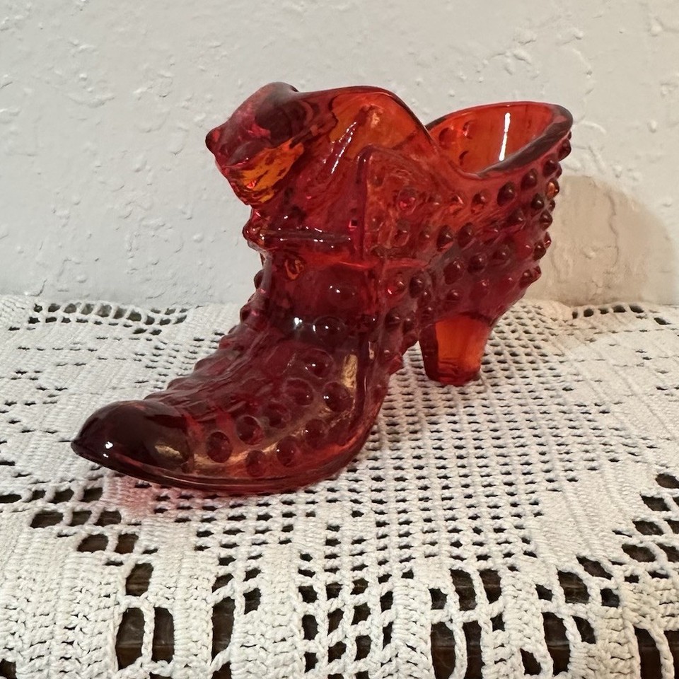 Vintage Fenton Ruby Red Hobnail Cat's Head Glass Slipper | eBay UK