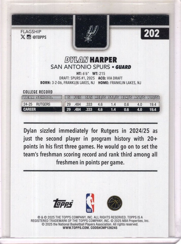 2025-26 Topps Team Logo Parallel #202 Dylan Harper Rookie Case Hit. | eBay