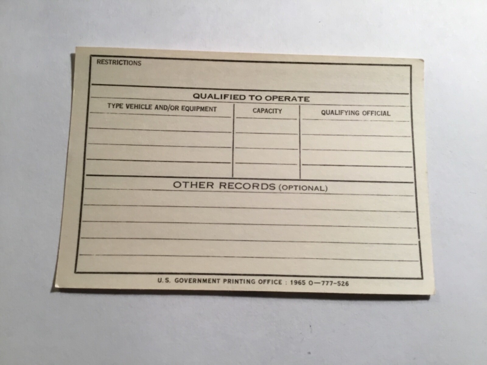 U.S. Government (1965) Motor Vehicle Operators Identification Card (NOS ...