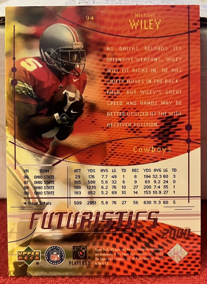 2000 UD Ionix #’d 1364/2000 Michael Wiley #94 Rookie RC Dallas Cowboys ...
