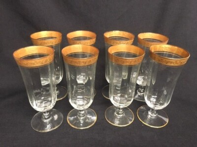 8 Vintage Crystal Glass Gold Band Rim Footed Parfait Set Depression Era