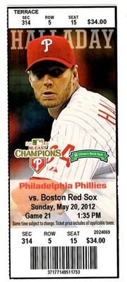 2012 Philadelphia Phillies Full Ticket featuring Photo of Roy Halladay ...