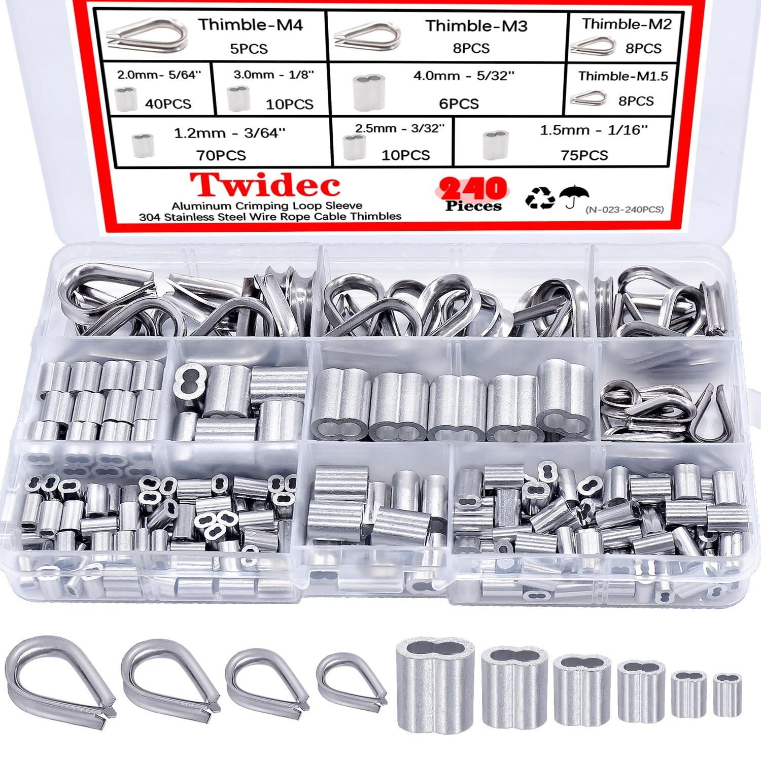 240PCS 304 Stainless Steel Wire Rope Cable Thimbles and Aluminum ...