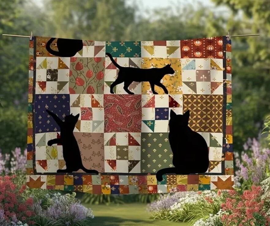 Cozy Patchwork Cat Themed Soft Knitted Polyester Throw Blanket 60 X 40 ...
