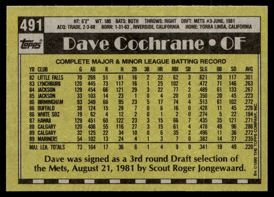 1990 Topps Dave Cochrane Seattle Mariners #491 | eBay