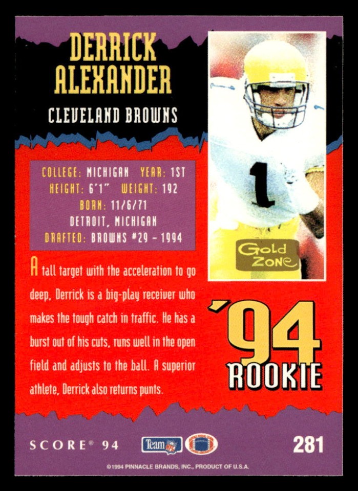 Derrick Alexander 1994 Score Gold Zone Rookie Card #281 Michigan ...