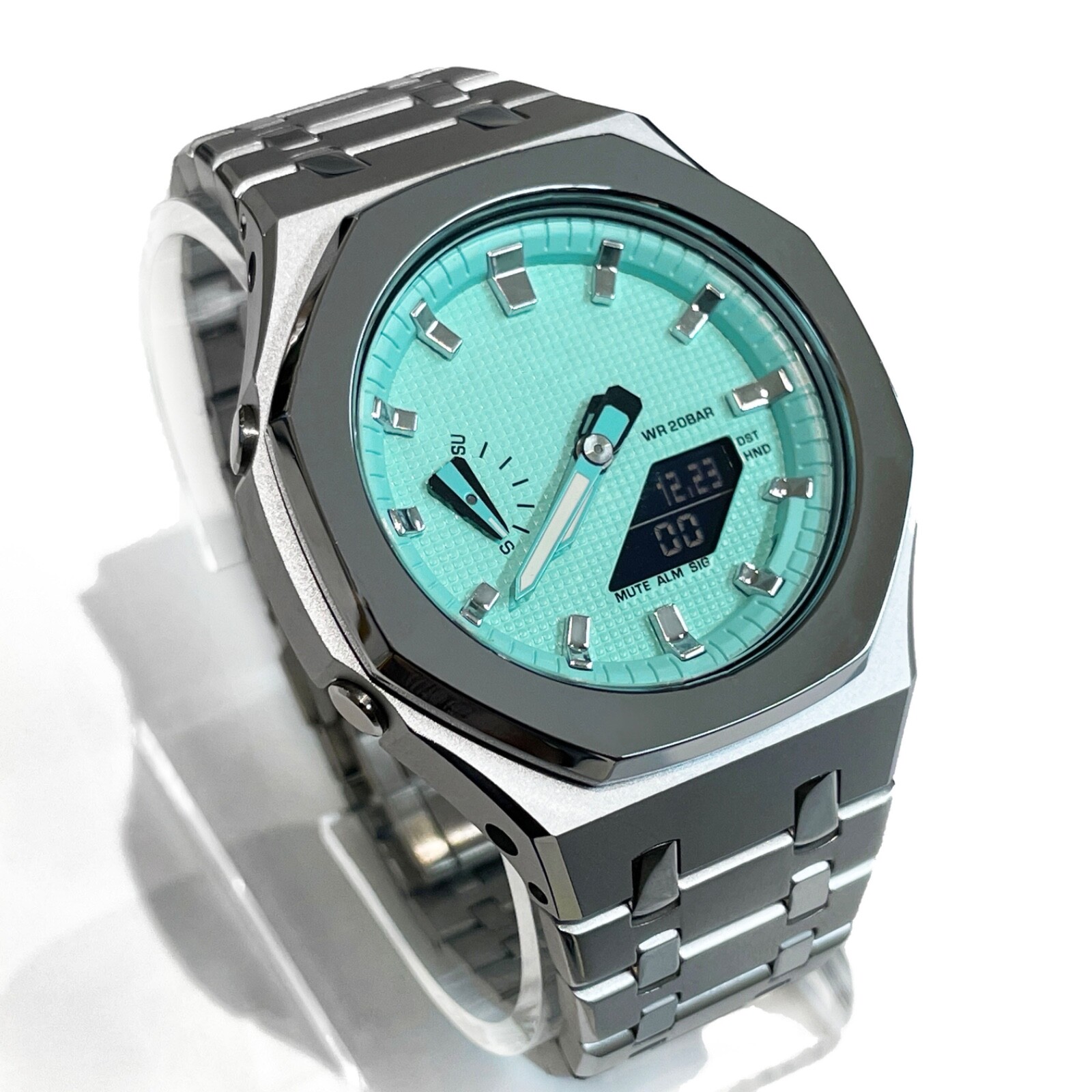 Custom Blue & Silver Casioak Casio G-Shock w/ Polished Stainless Steel ...