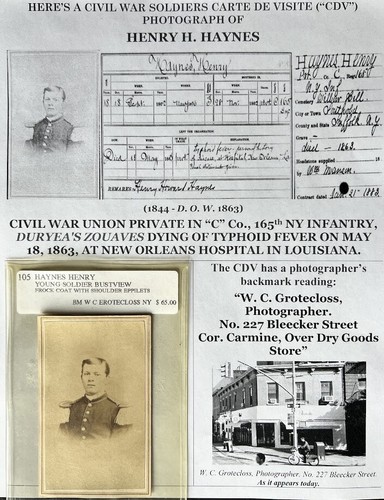 CIVIL WAR SOLDIERS CDV PHOTO HENRY HAYNES 165th NY INFANTRY D.O.W ...